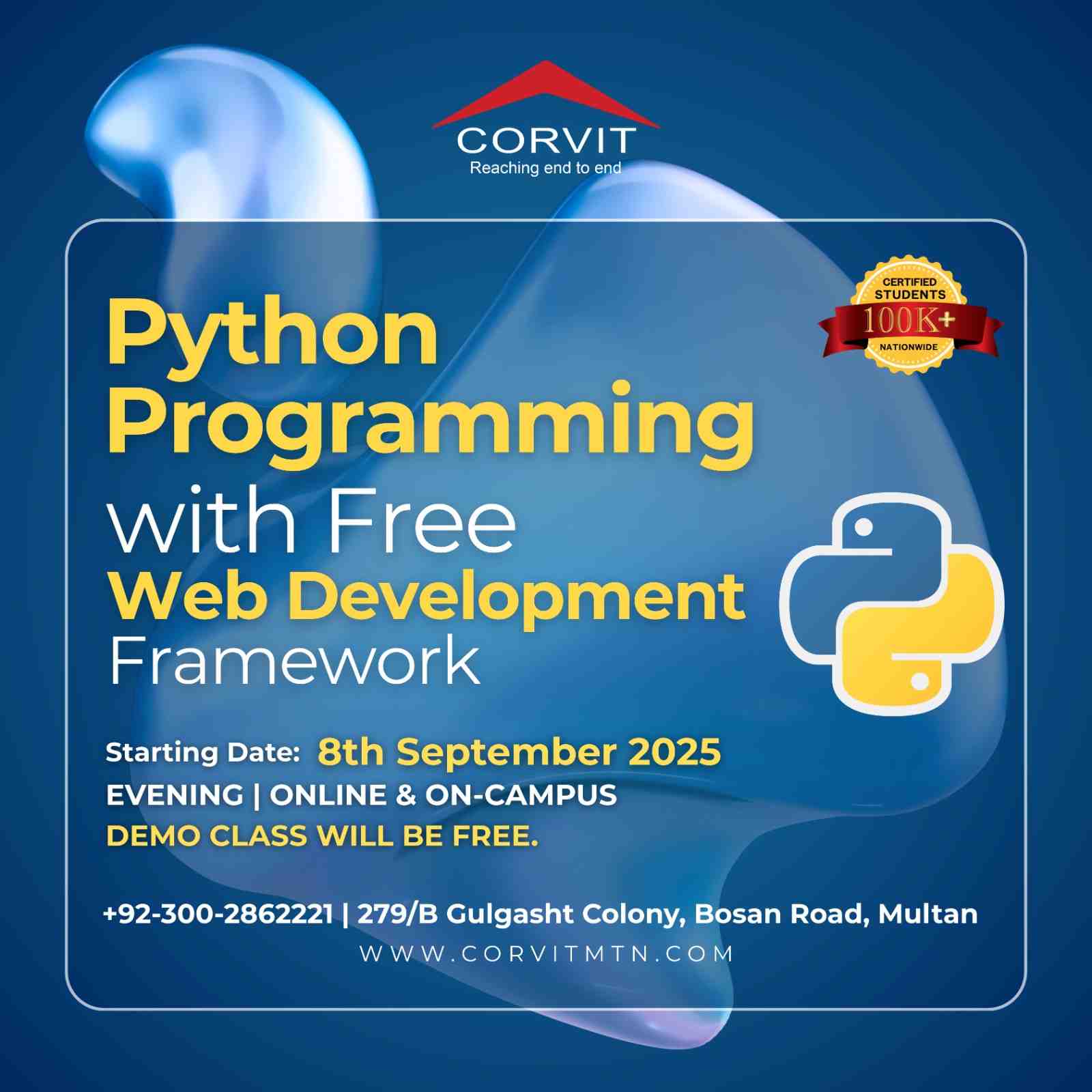 Python Programming with Free Web Dev Framework - Corvit Systems Multan